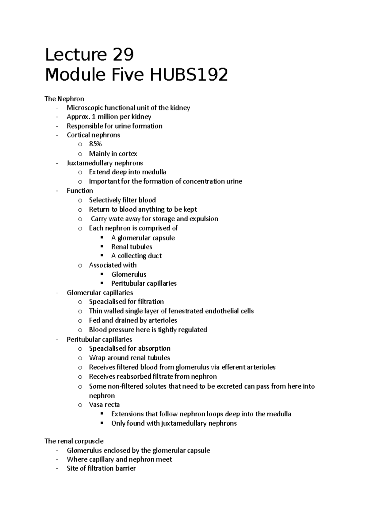 Lecture 29 HUBS192 - Lecture 29 Module Five HUBS The Nephron ...
