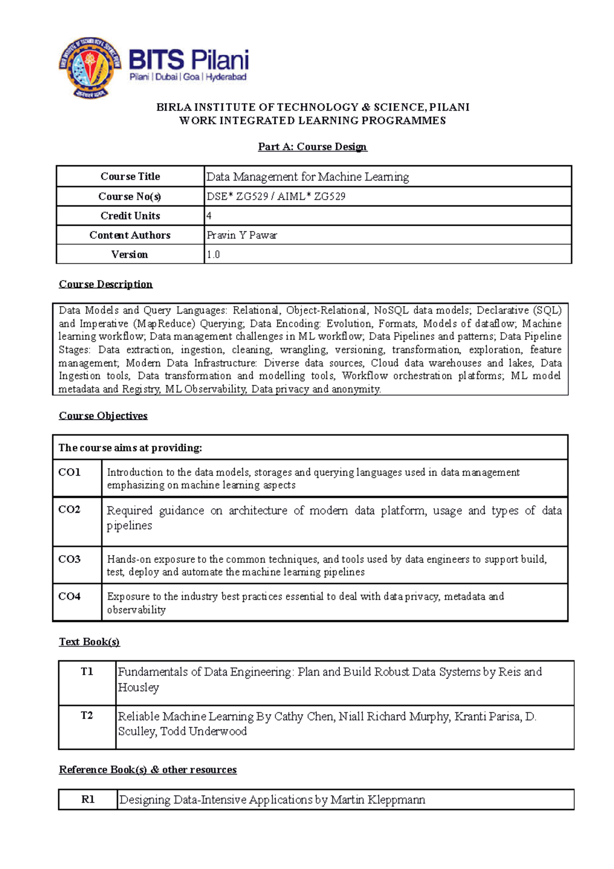 Data Management for Machine Learning - Course Description Data Models ...
