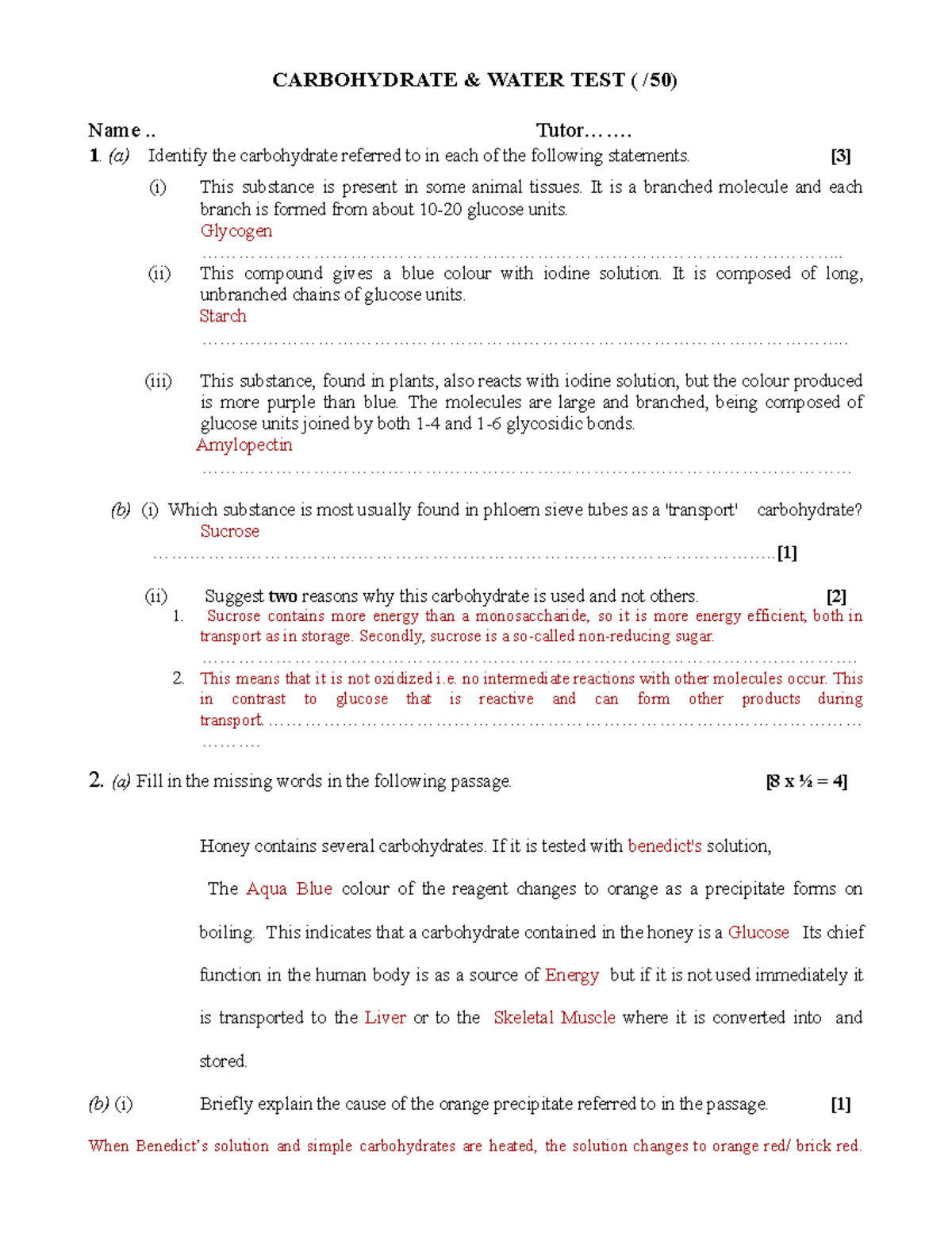 Carbohydrate test - CARBOHYDRATE & WATER TEST ( /50) Name .. Tutor ...