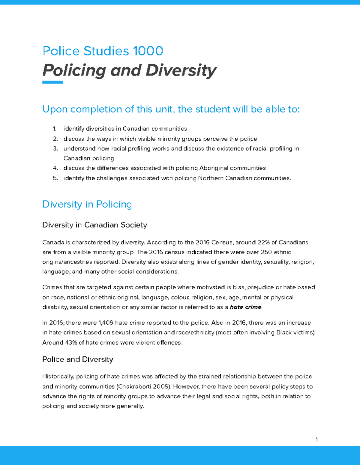 Police Studies 1000 Policing and Diversity - Diversity in Policing ...