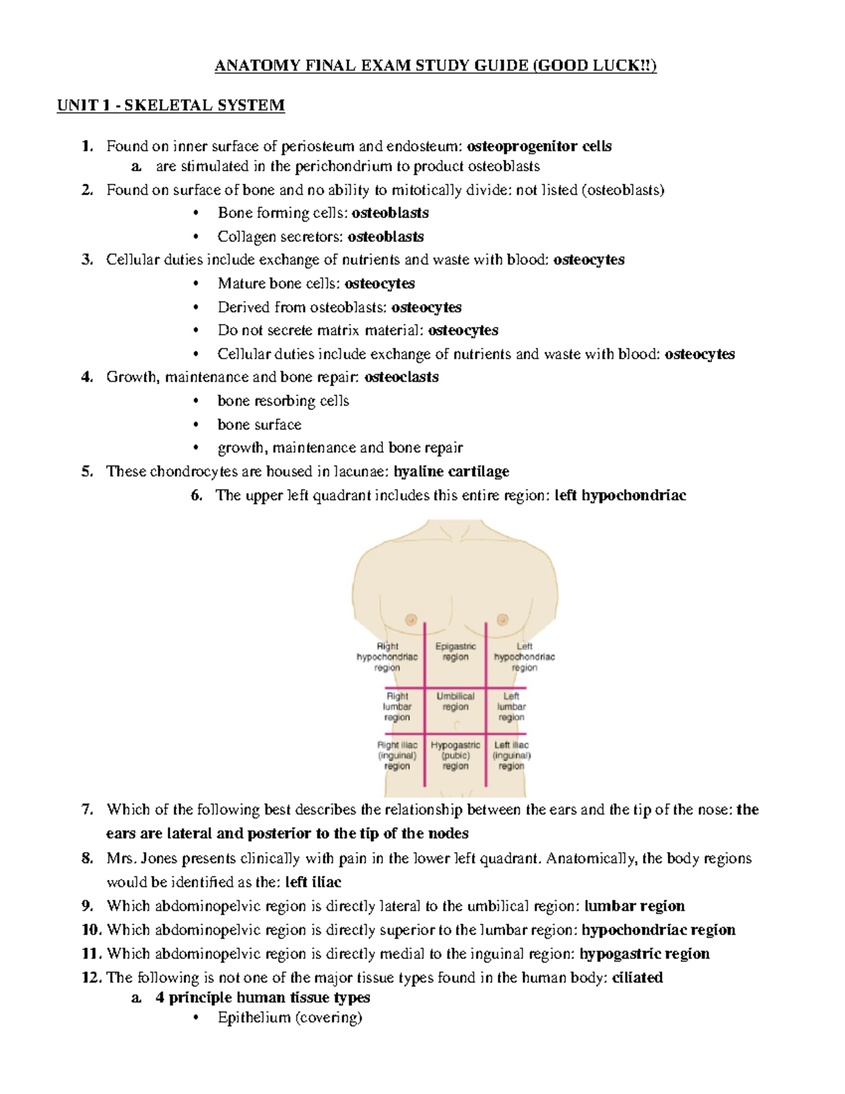 Anatomy Course Study Guide with Old Test Questions - ANATOMY FINAL EXAM ...