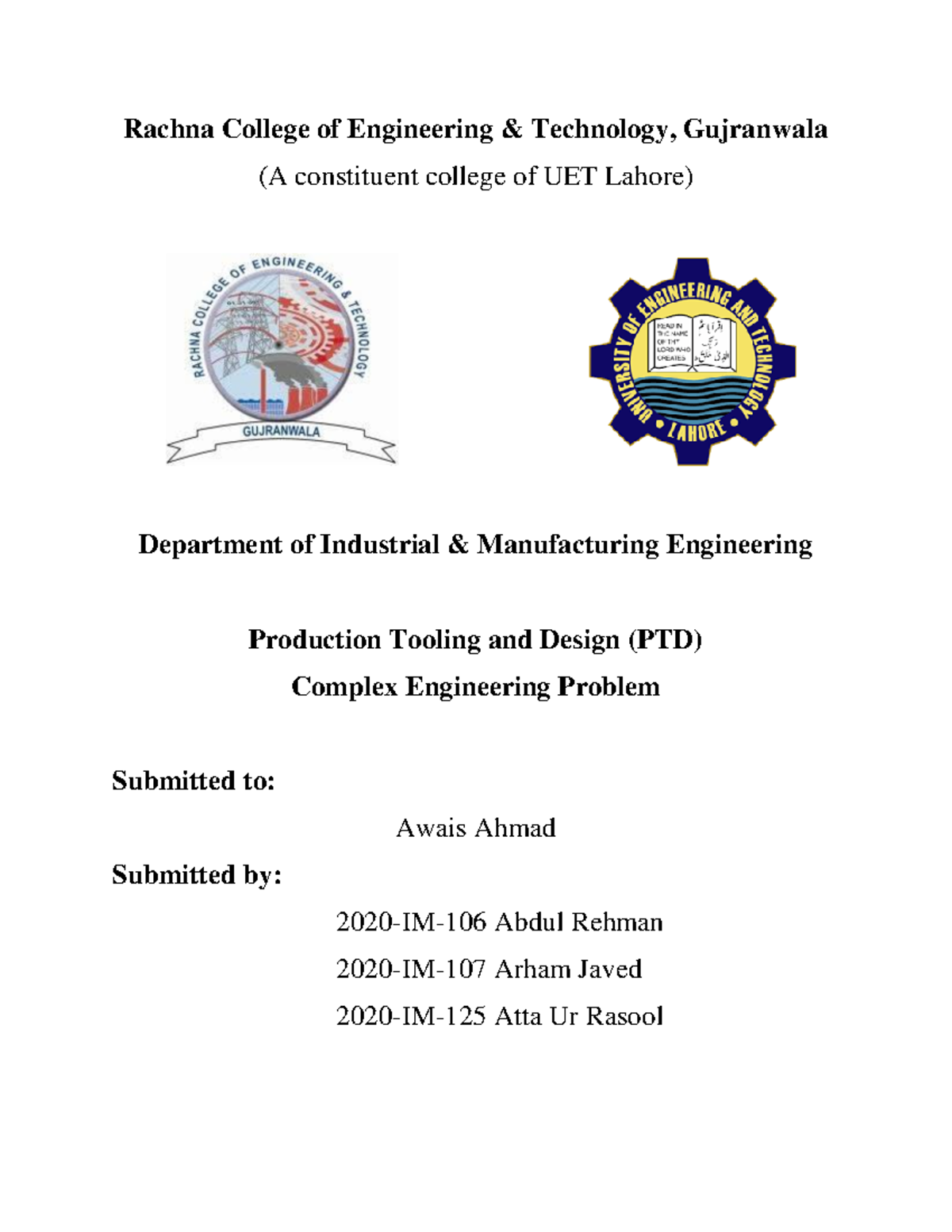 CEP PTD - Rachna College of Engineering & Technology, Gujranwala (A constituent college of UET ...