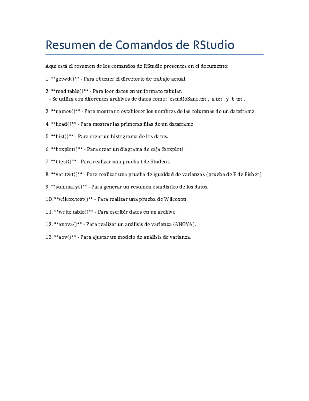 Resumen Comandos RStudio - Resumen de Comandos de RStudio Aquí está el resumen de los comandos ...