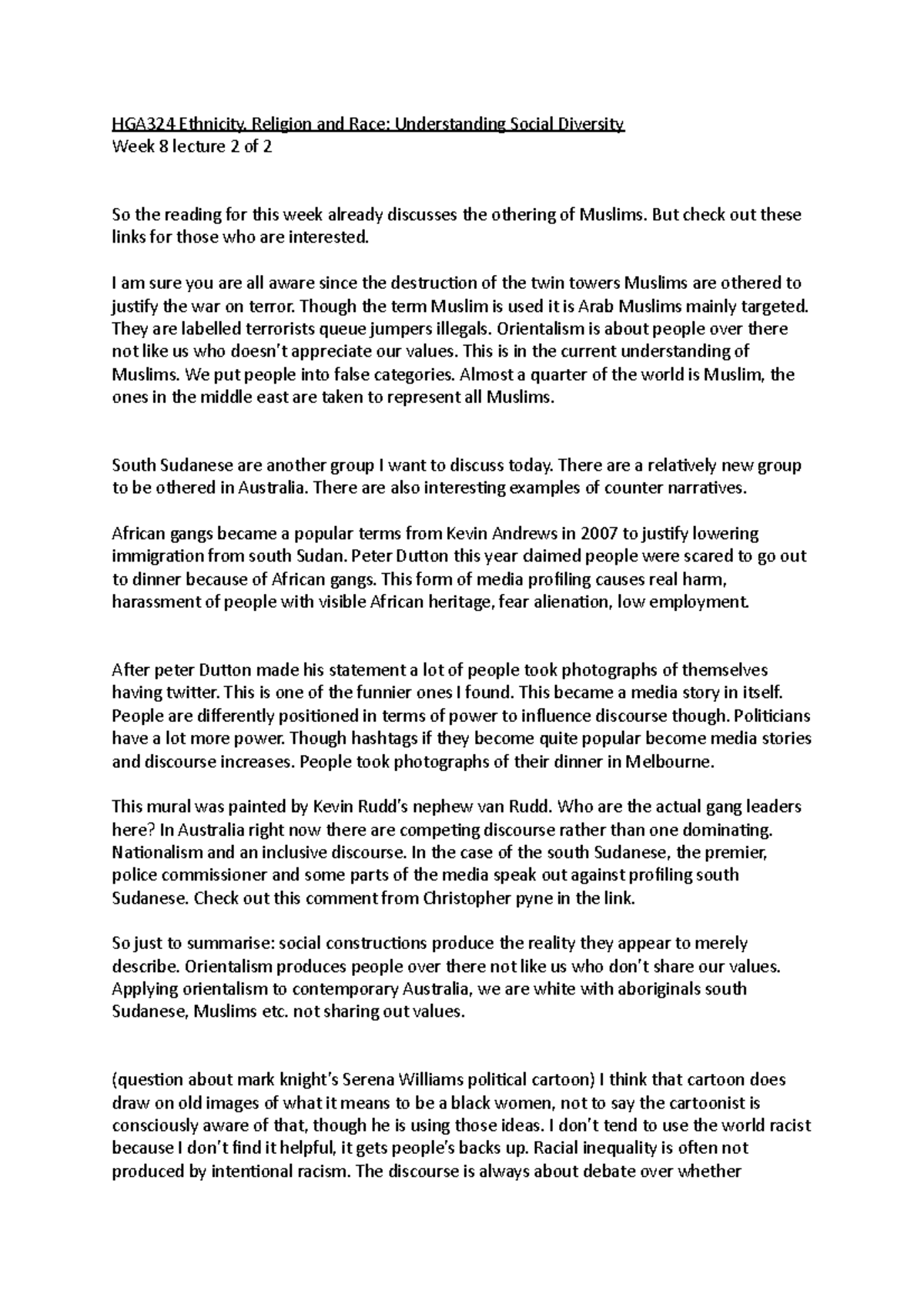 HGA324 Week 8 2 - Lecture transcript - HGA324 Ethnicity, Religion and ...
