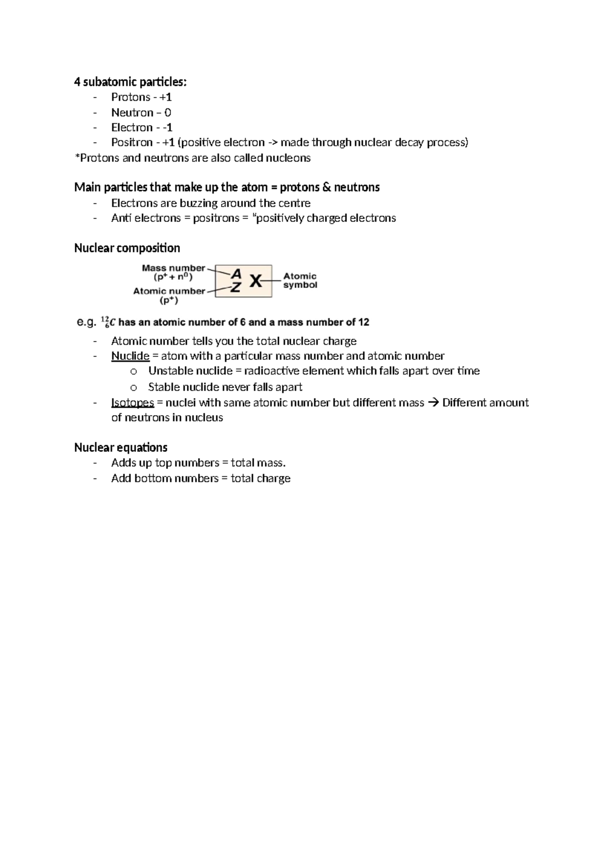 Chemistry notes YT - 4 subatomic particles: - Protons - + - Neutron – 0 ...