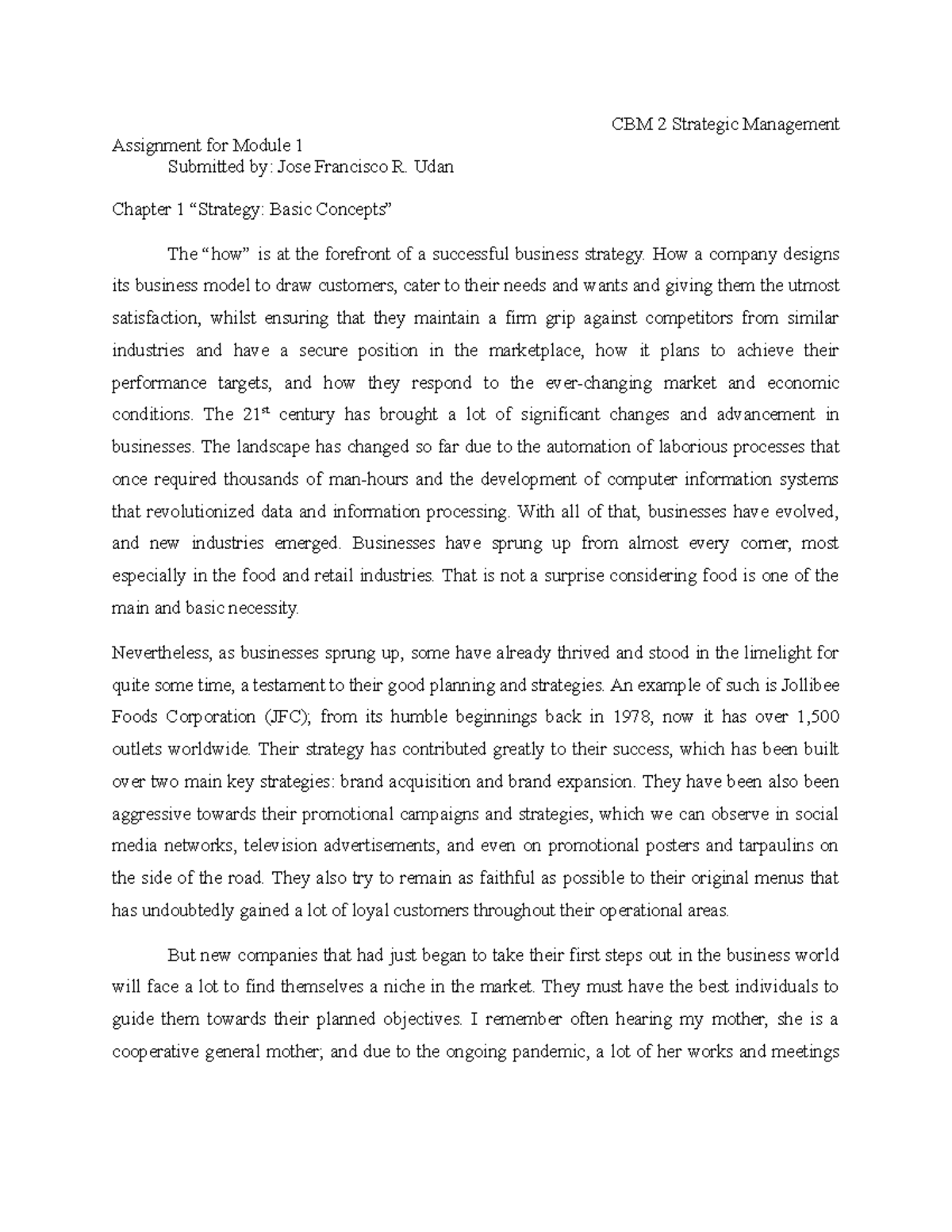 Reaction Paper on Strategy and Strategic Management - CBM 2 Strategic Management Assignment for ...