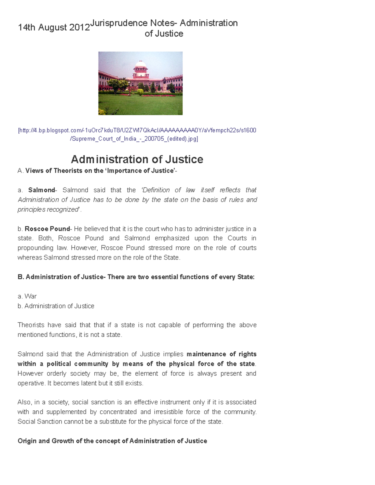 Jurisprudence Notes- Administration of Justice - 14th August 2012 - Studocu