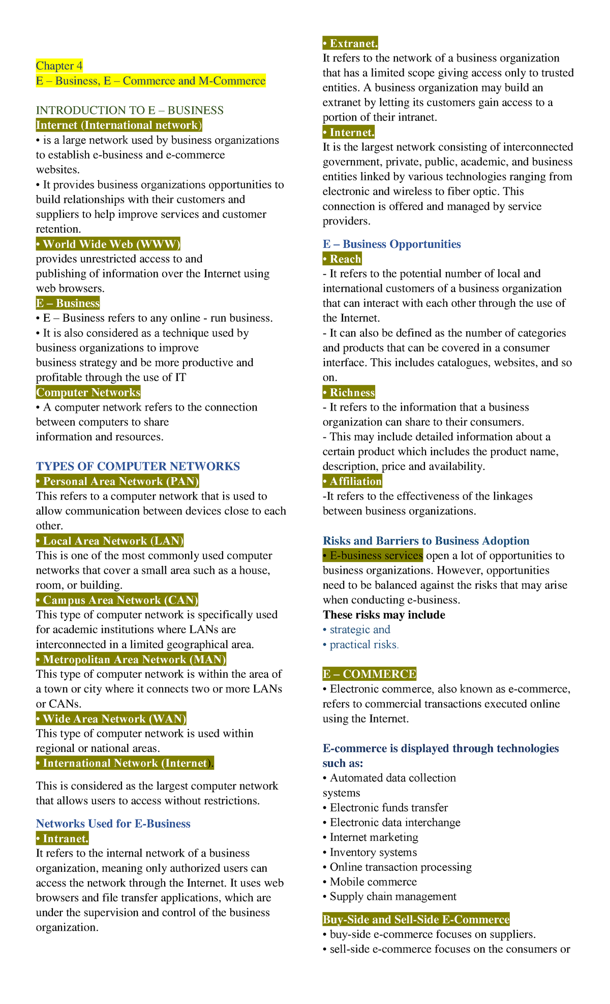 Chapter 4 reviewer ais - Chapter 4 E – Business, E – Commerce and M-Commerce INTRODUCTION TO E ...