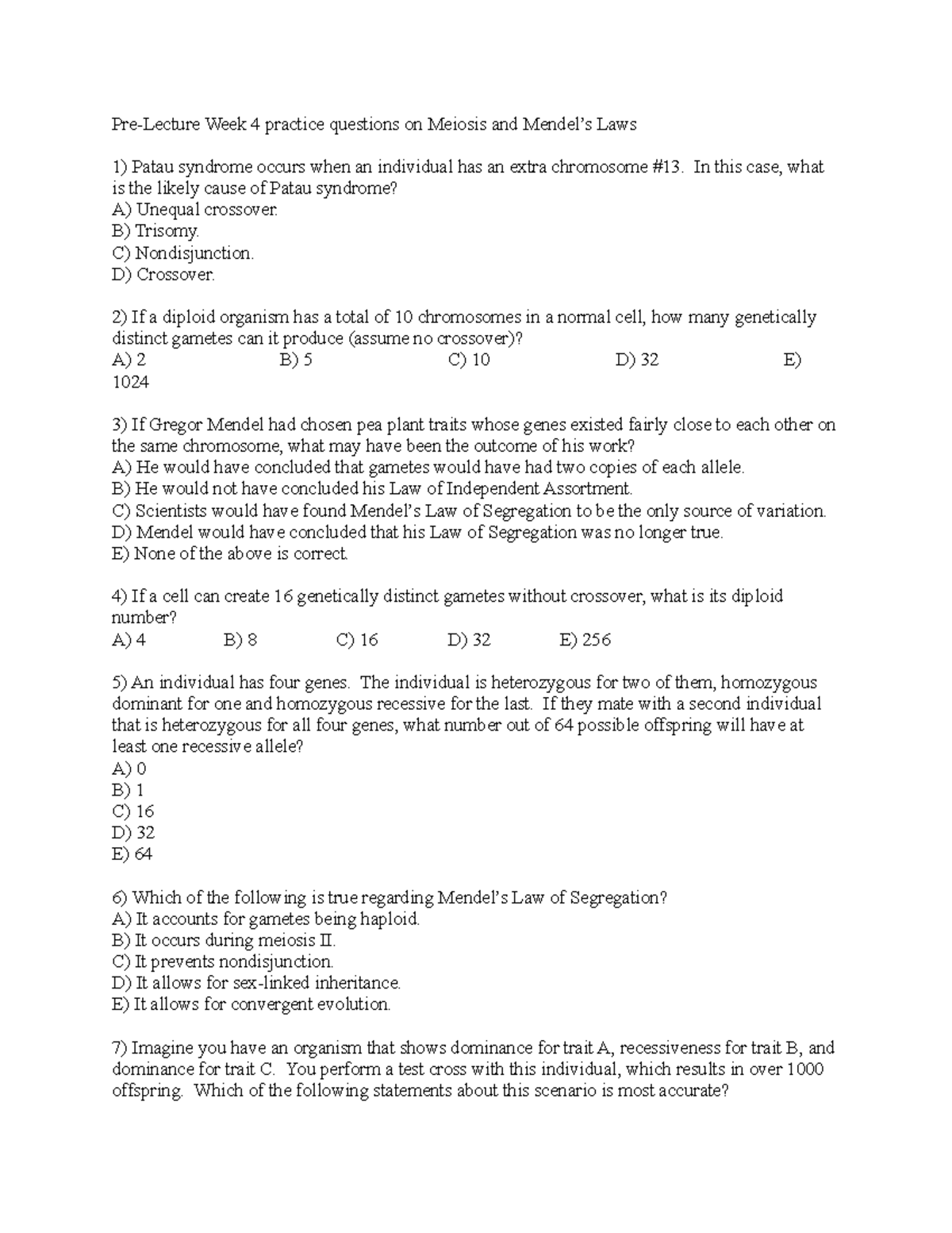 Pre-lecture week 4 practice questions on Meiosis and Mendelian ...