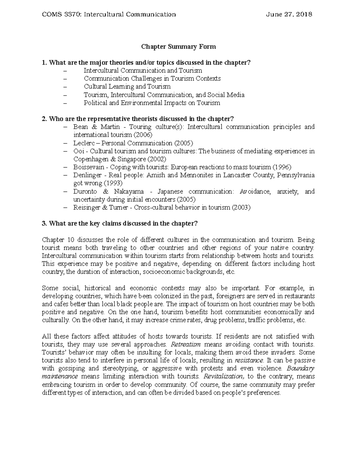 Chapter 10 - Intercultural Communication in Toursim Contexts - Summary ...