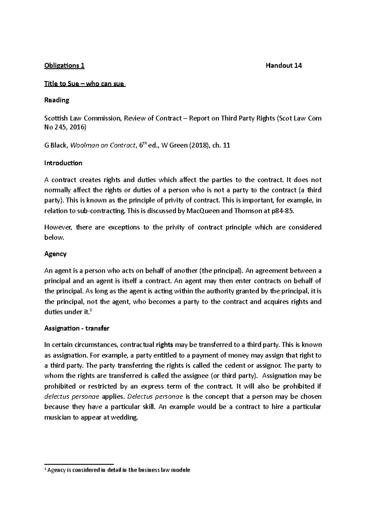 Handout 14 - Title to sue - Obligations 1 Handout 14 Title to Sue – who ...