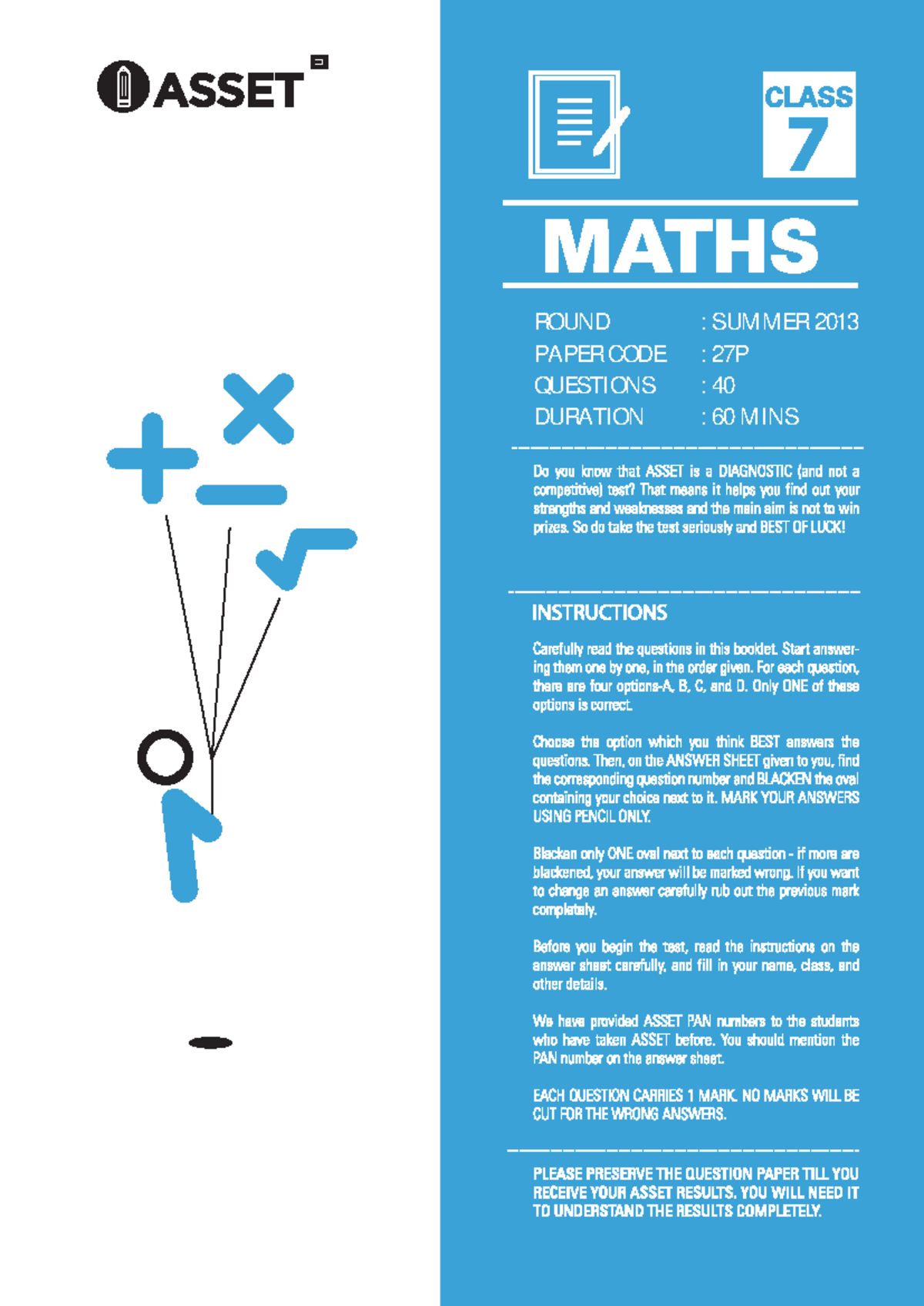 Asset - Maths Class 7 - : SUMMER 2013 : 27P : 40 : 60 MINS ROUND PAPER ...