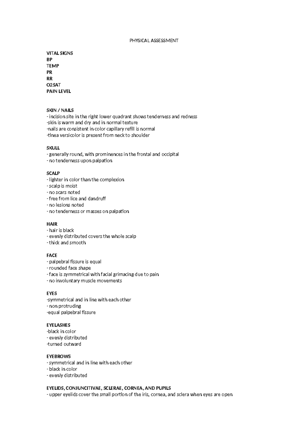 Physical- Assessment - Hehe - PHYSICAL ASSESSMENT VITAL SIGNS BP TEMP ...
