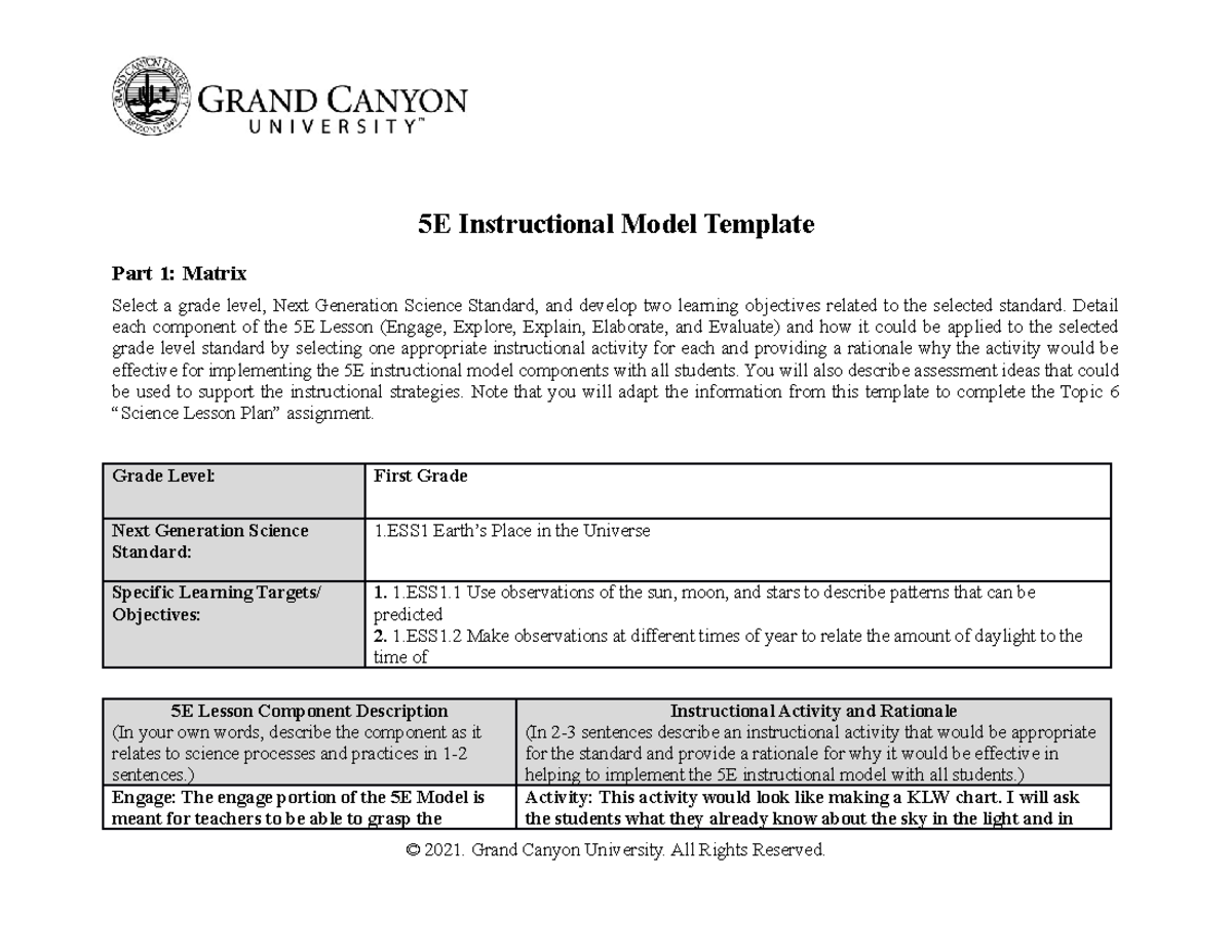 Topic 2 - 5E Instructional Model Template Part 1: Matrix Select a grade level, Next Generation ...