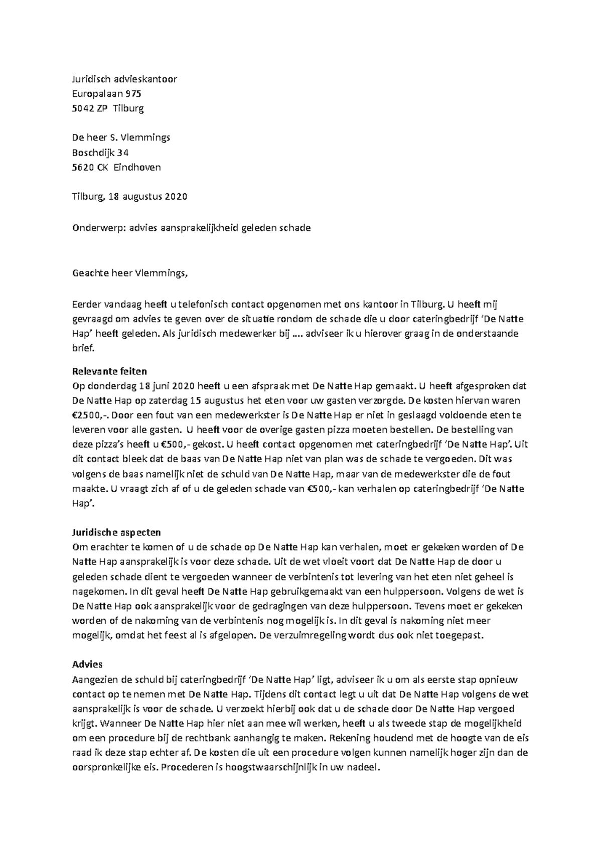 Tentamen adviesbrief - Juridisch advieskantoor Europalaan 975 5042 ZP ...