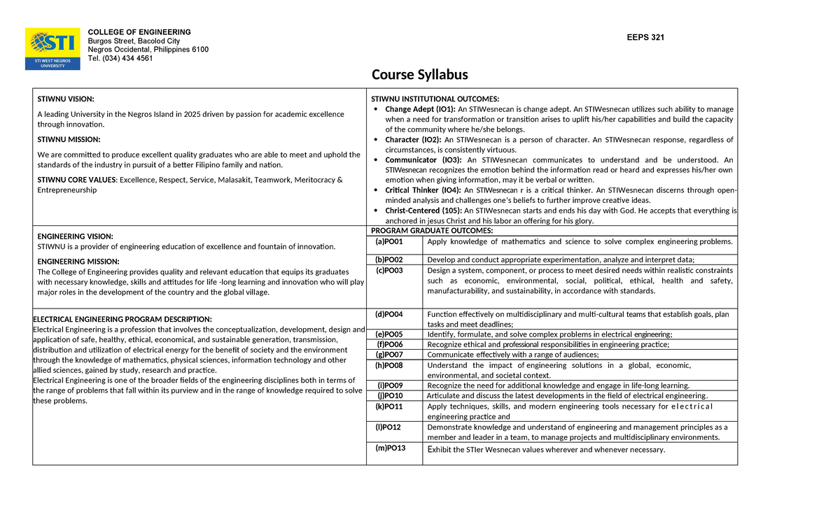 Principles of Communications course syllabus for electrical engineering ...