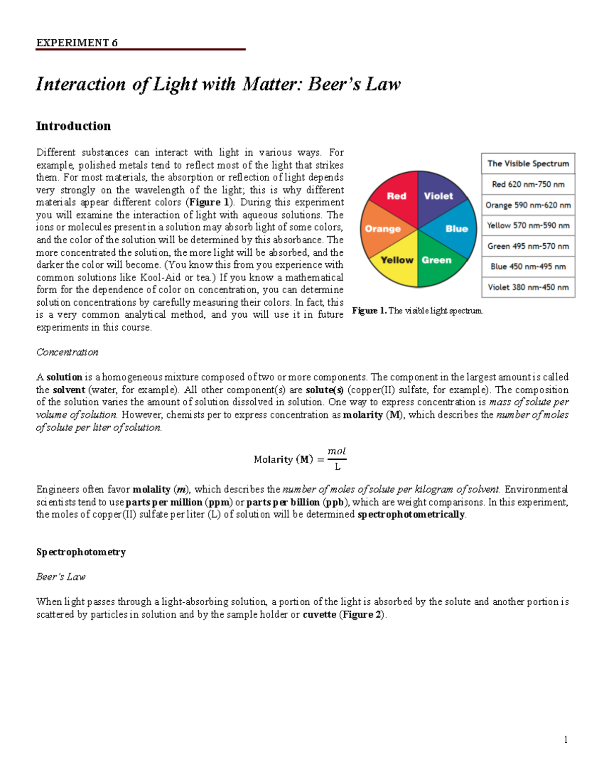 Beers law - protocol - Interaction of Light with Matter: Beer’s Law ...