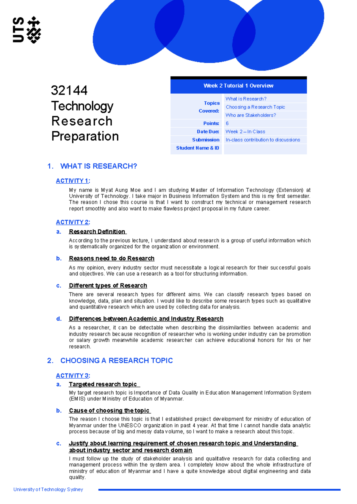 Week02 Tut - 32144 Technology Research Preparation Week 2 Tutorial 1 ...