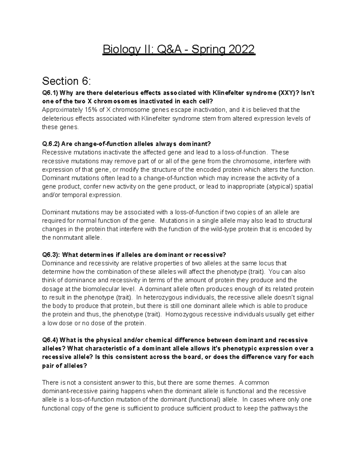 CHP 6 Biology II Q&A - Spring 2022 - Biology II: Q&A - Spring 2022 ...