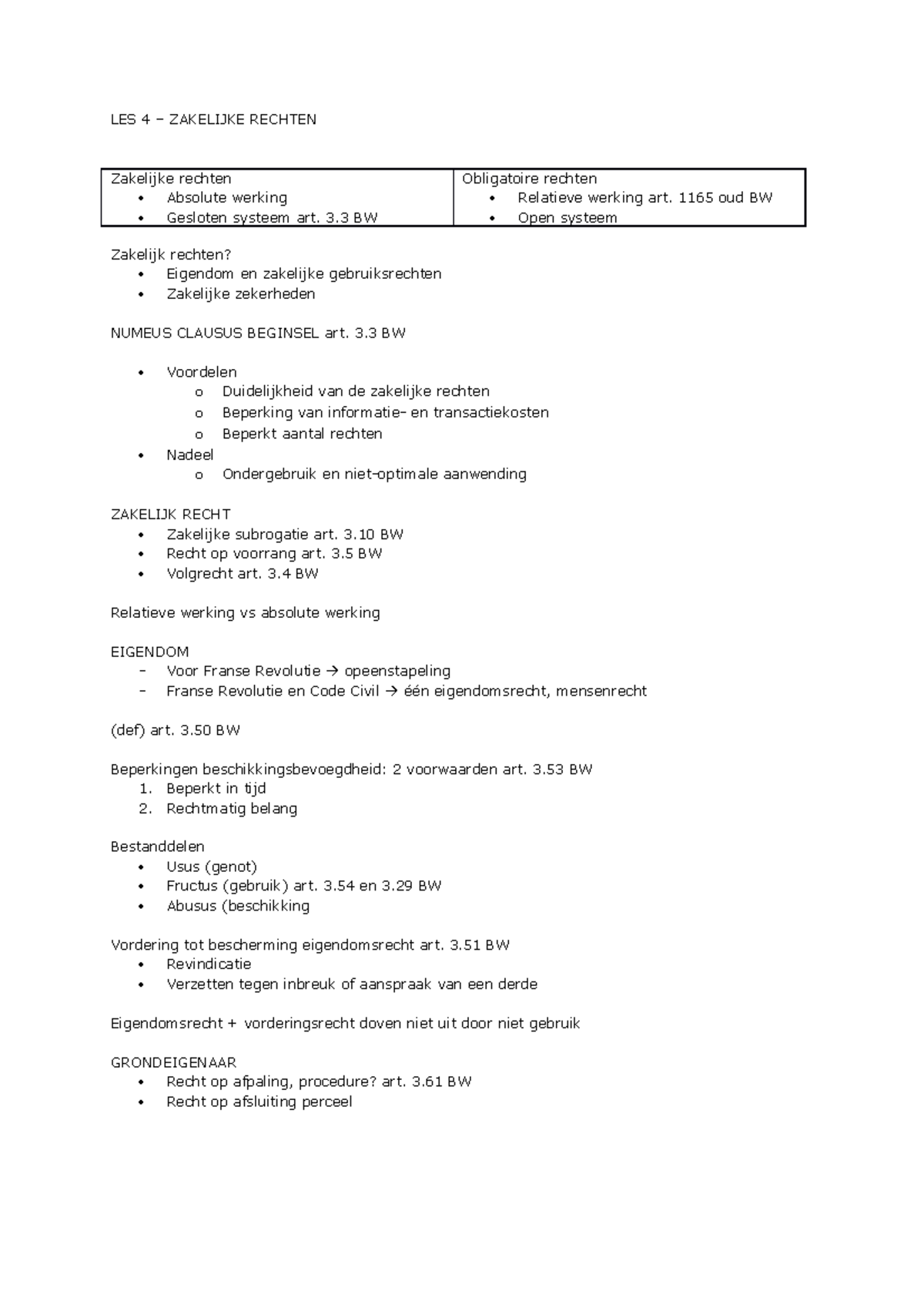 LES 4 - schema - zakelijke rechten - LES 4 – ZAKELIJKE RECHTEN ...