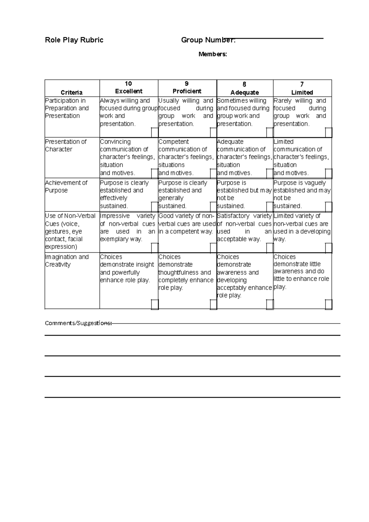 Roleplay rubric - essay - Role Play Rubric Group Number: Members ...