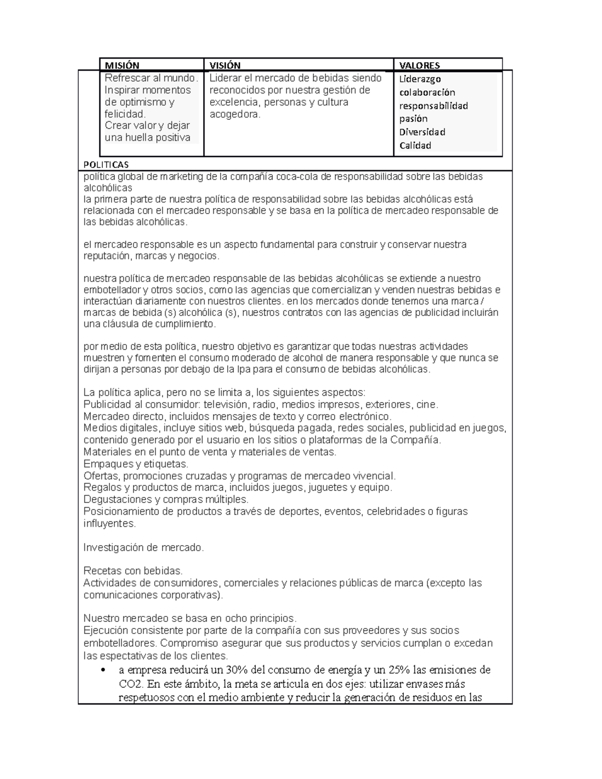 Mision vision cocac cola - POLITICAS política global de marketing de la ...