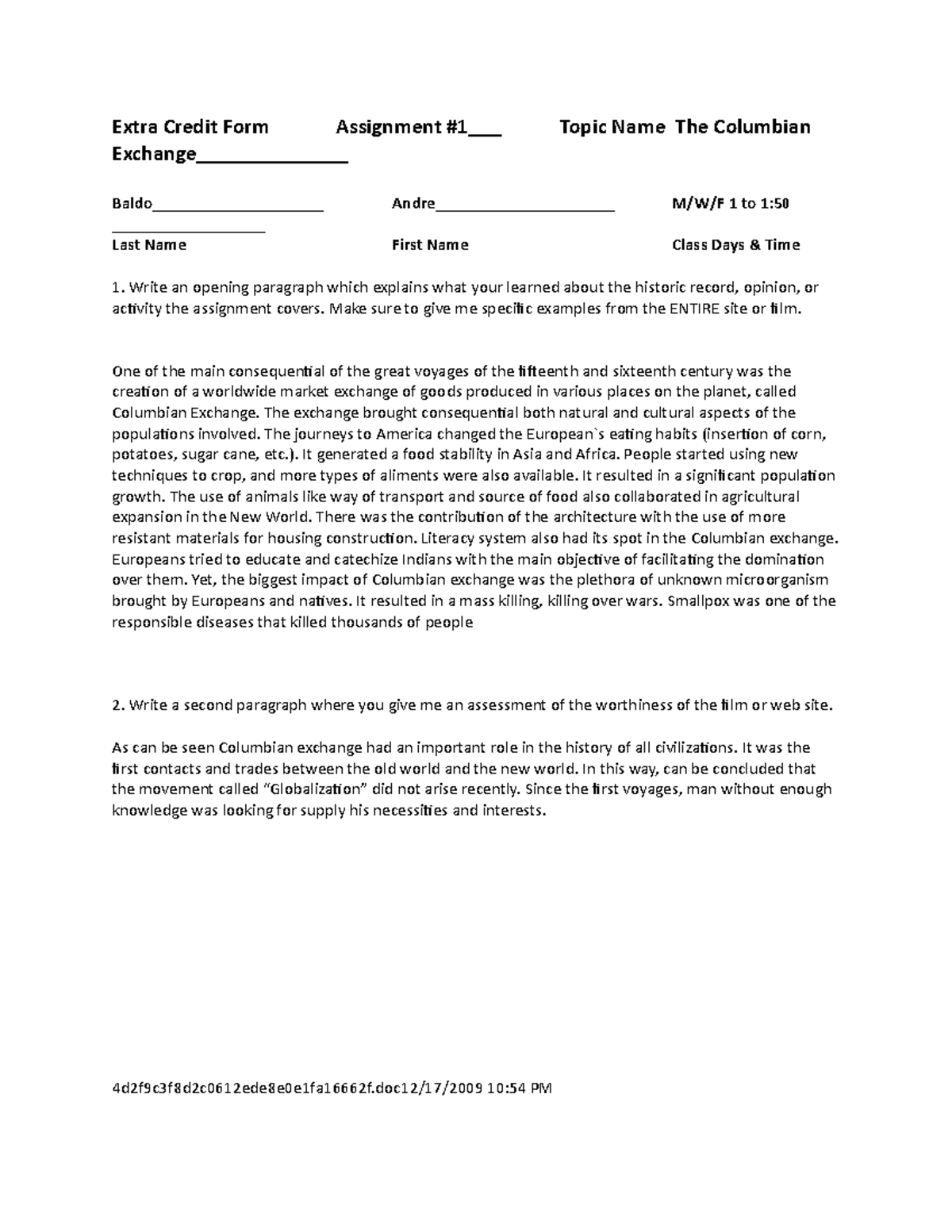 Extra Credit Form Columbian Exchange - Extra Credit Form Assignment #1 ...