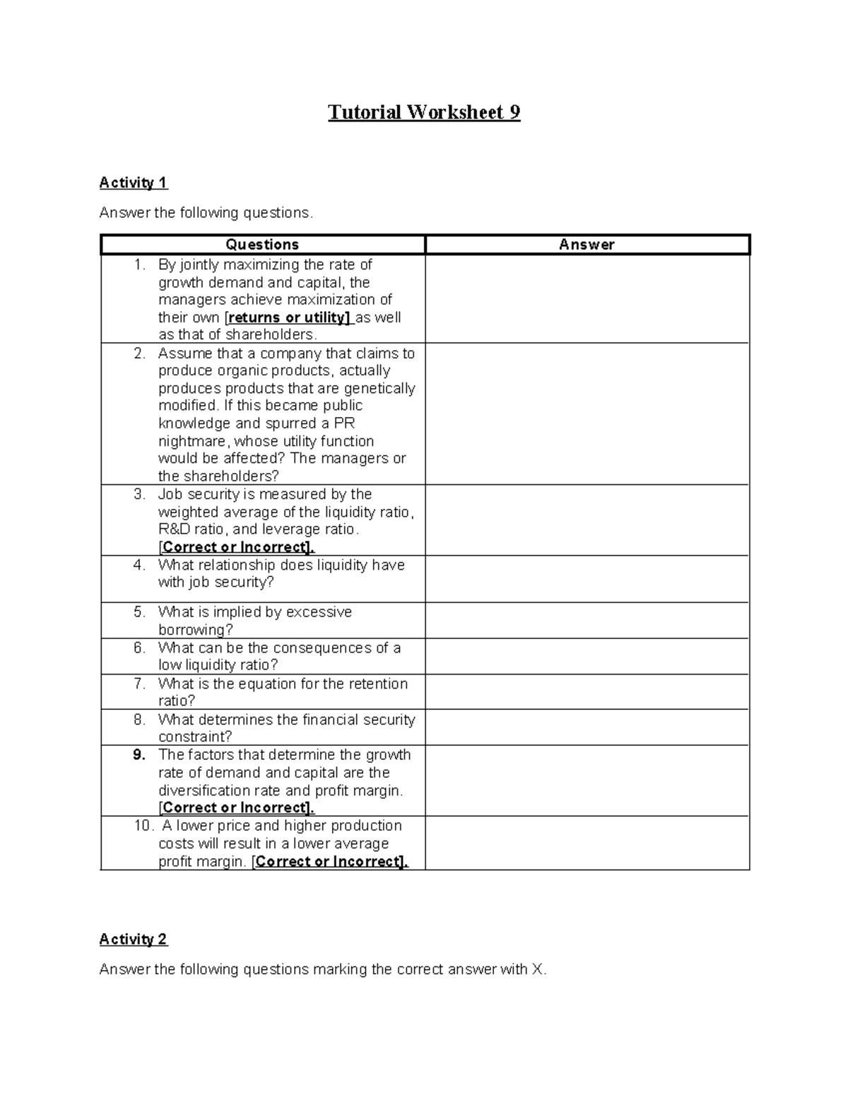 ECO2B Tutorial Worksheet 9 - Tutorial Worksheet 9 Activity 1 Answer the ...