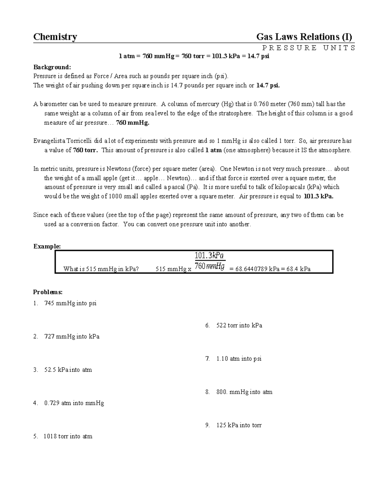 Gas Law Relations I - Assignment - Chemistry Gas Laws Relations (I) P R ...