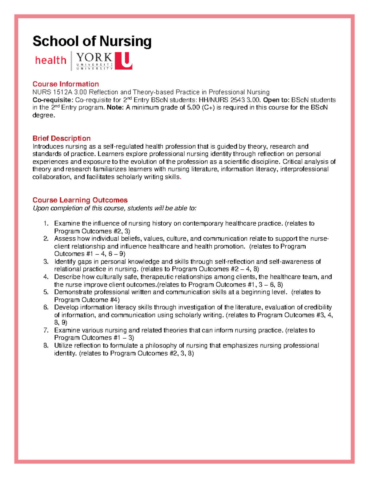 Course outline 1512 - School of Nursing Course Information NURS 1512 A ...
