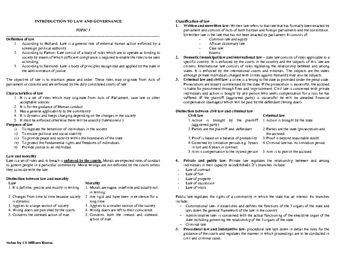 Introduction to Law - Best notes - INTRODUCTION TO LAW AND GOVERNANCE ...