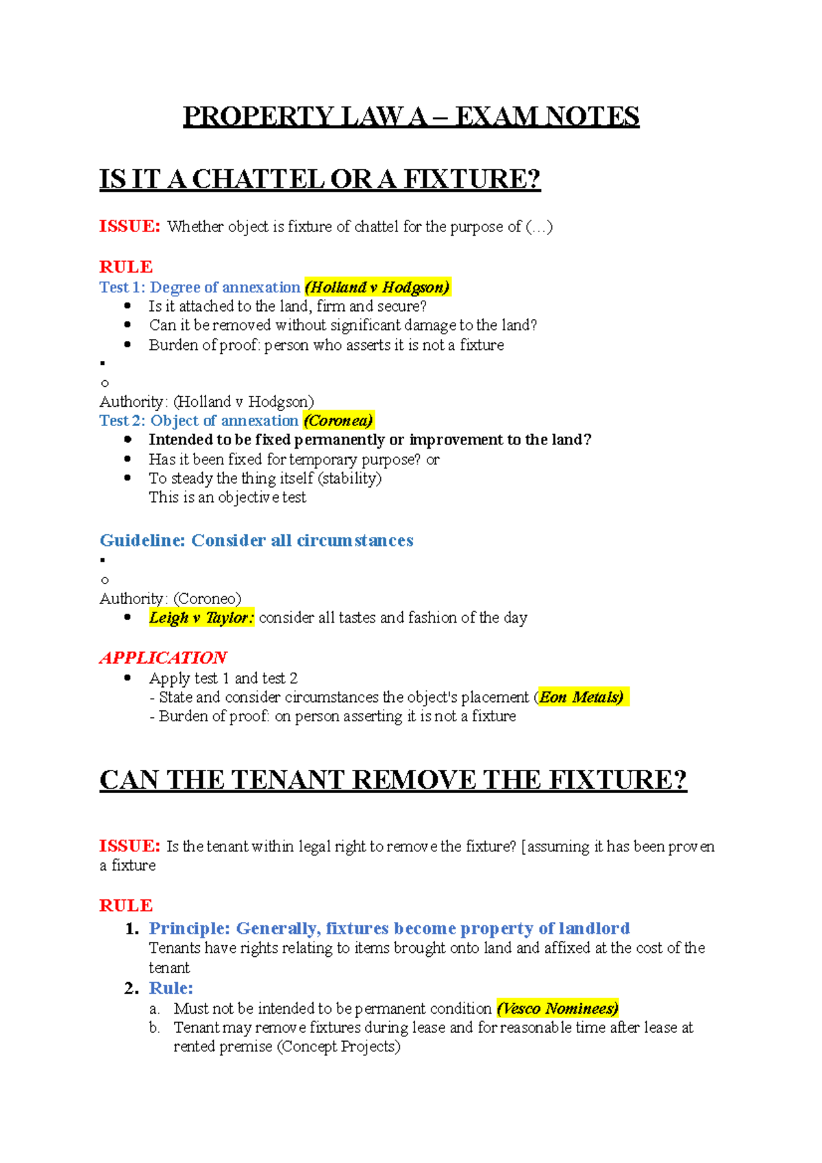 Sample Answer - PROPERTY LAW A EXAM NOTES IS IT A CHATTEL OR A FIXTURE ...