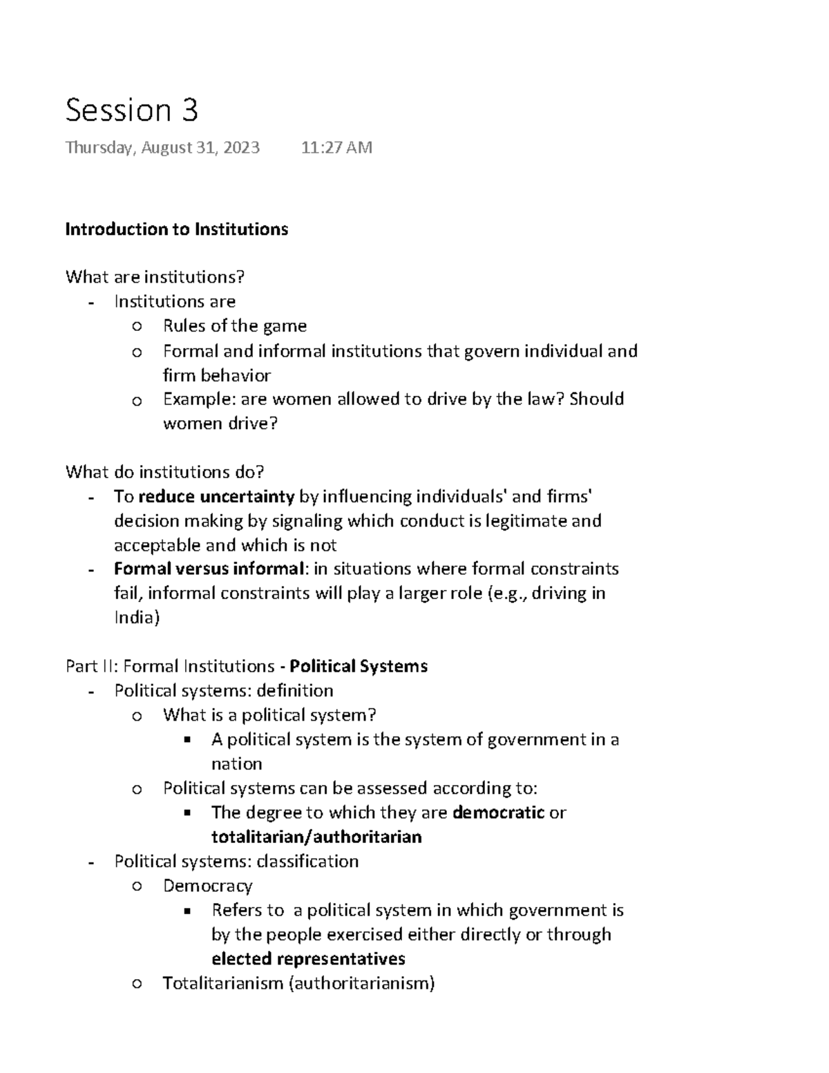 Session 3 - Lecture notes Fall 2023 - Introduction to Institutions What ...