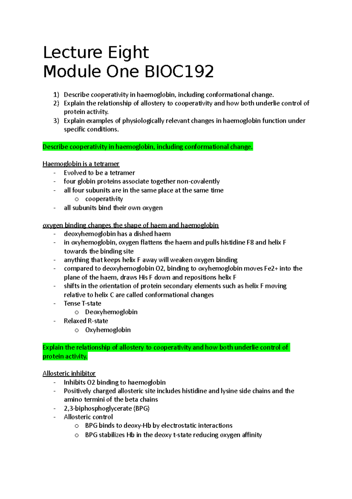 Lecture Eight BIOC192 - Lecture Eight Module One BIOC Describe cooperativity in haemoglobin ...