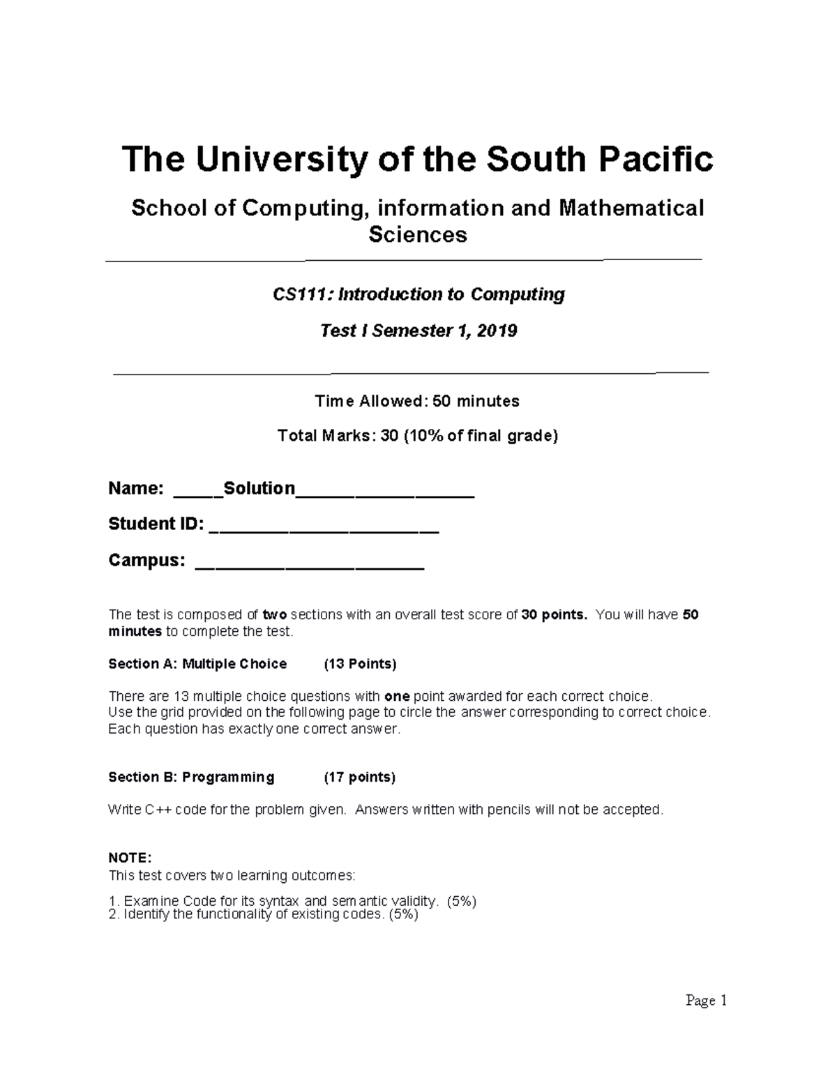 Test 1 solution - efsa - The University of the South Pacific School of ...