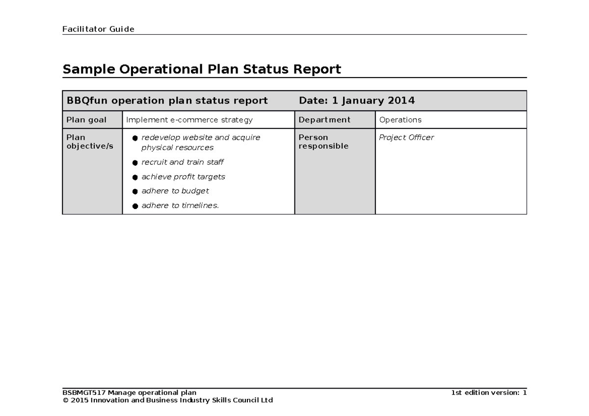 Assessement Task 3 - Sample Operational Plan Status Report - Sample ...
