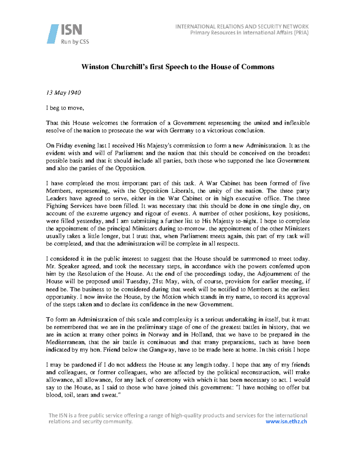 1019 Churchill blood toil tears - Winston Churchill’s first Speech to ...