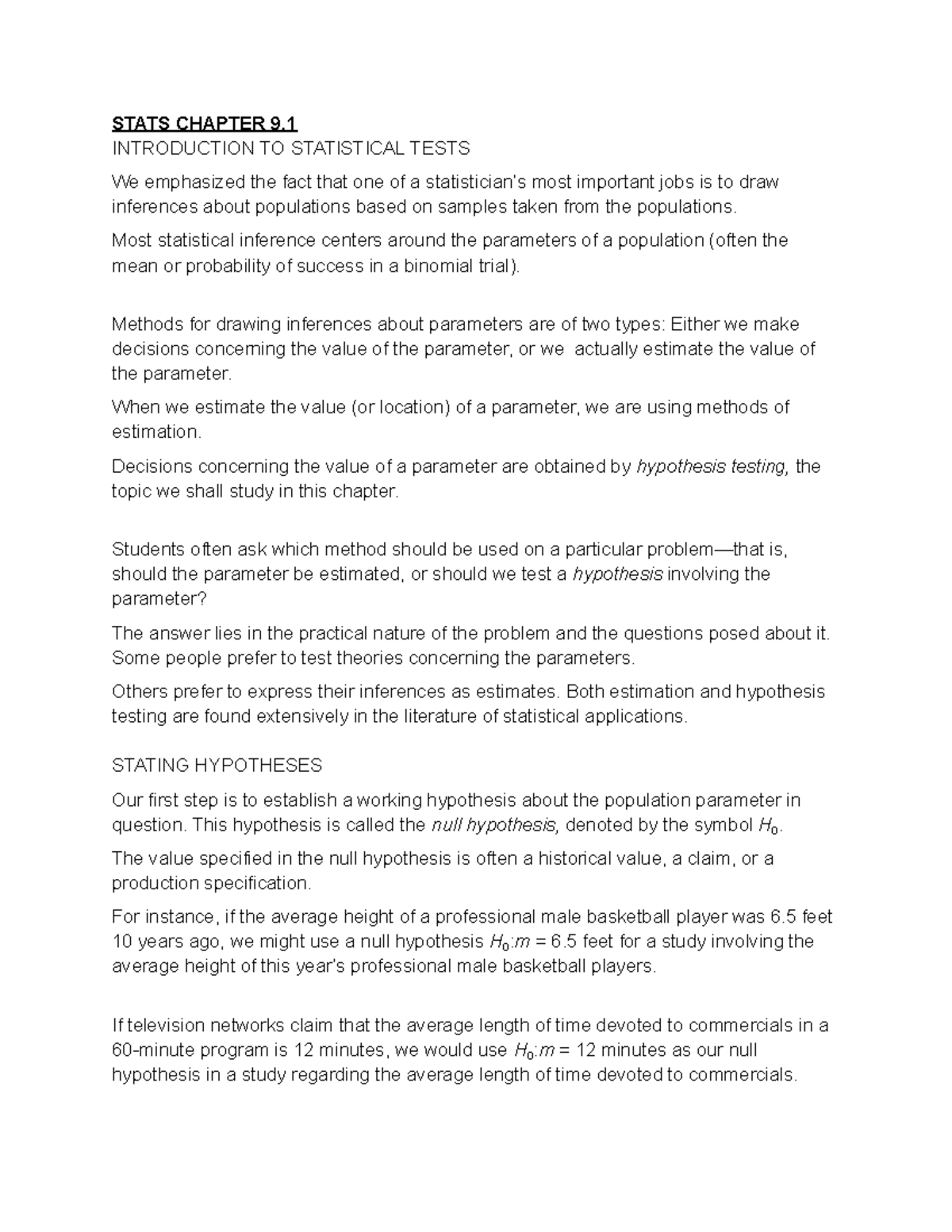 Stats-9 - STAT200 lecture notes (chapter 9.1) taken at the university ...