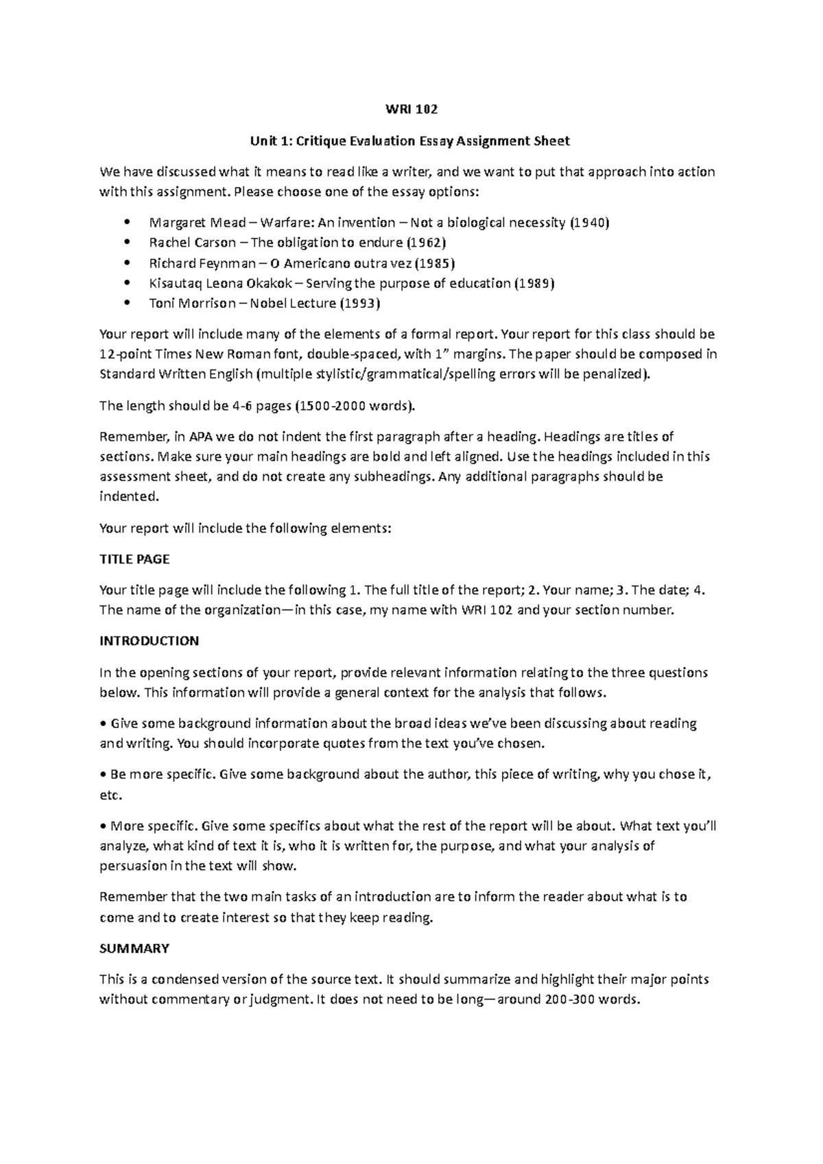 WRI 102.Critique Eval Assignment Sheet - WRI 102 Unit 1: Critique ...