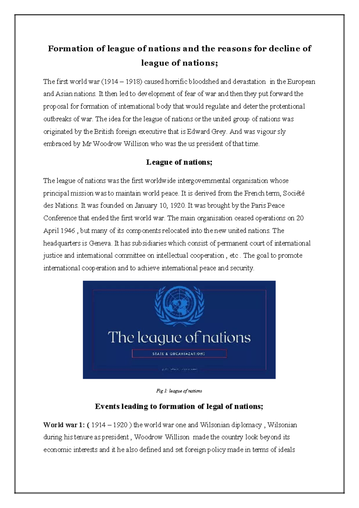 Formation of league of nations and the reasons for decline of league of ...