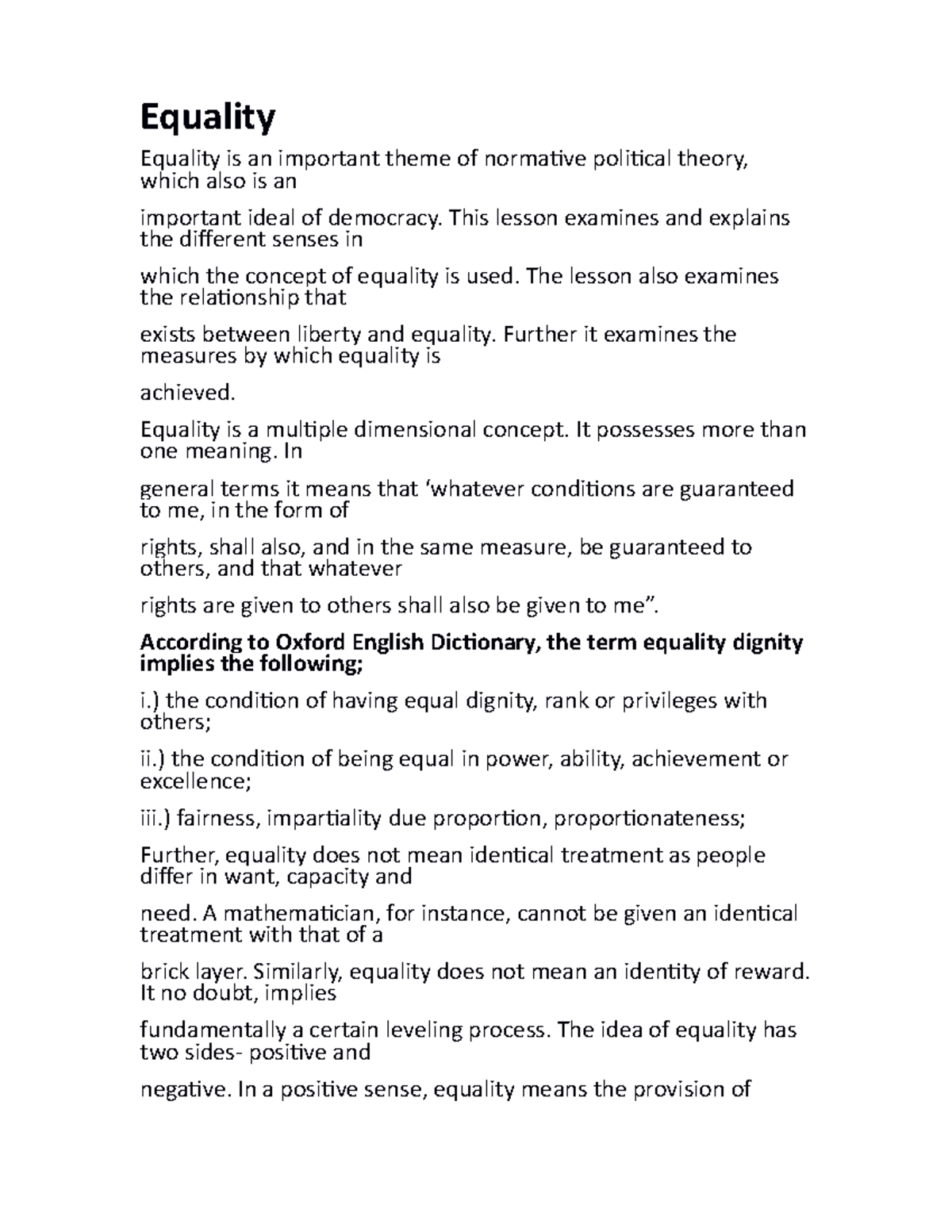 Equality polity notes - Equality Equality is an important theme of ...