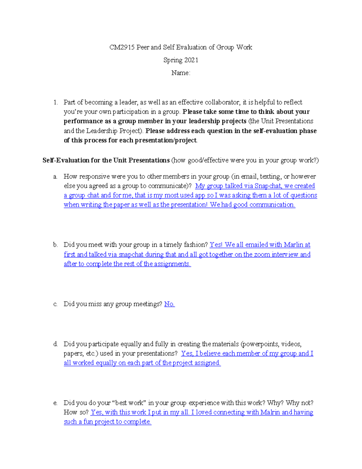 Peer and Self Evaluation of Group Work - Please take some time to think ...