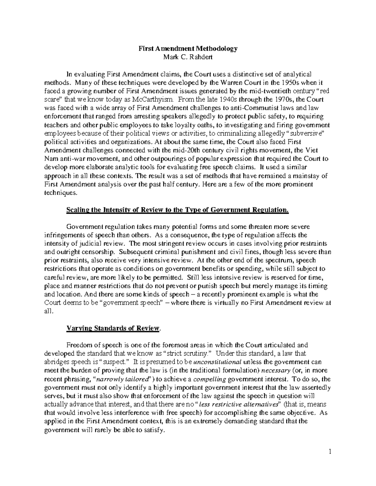 First Amendment Methodology - Rahdert In evaluating First Amendment ...