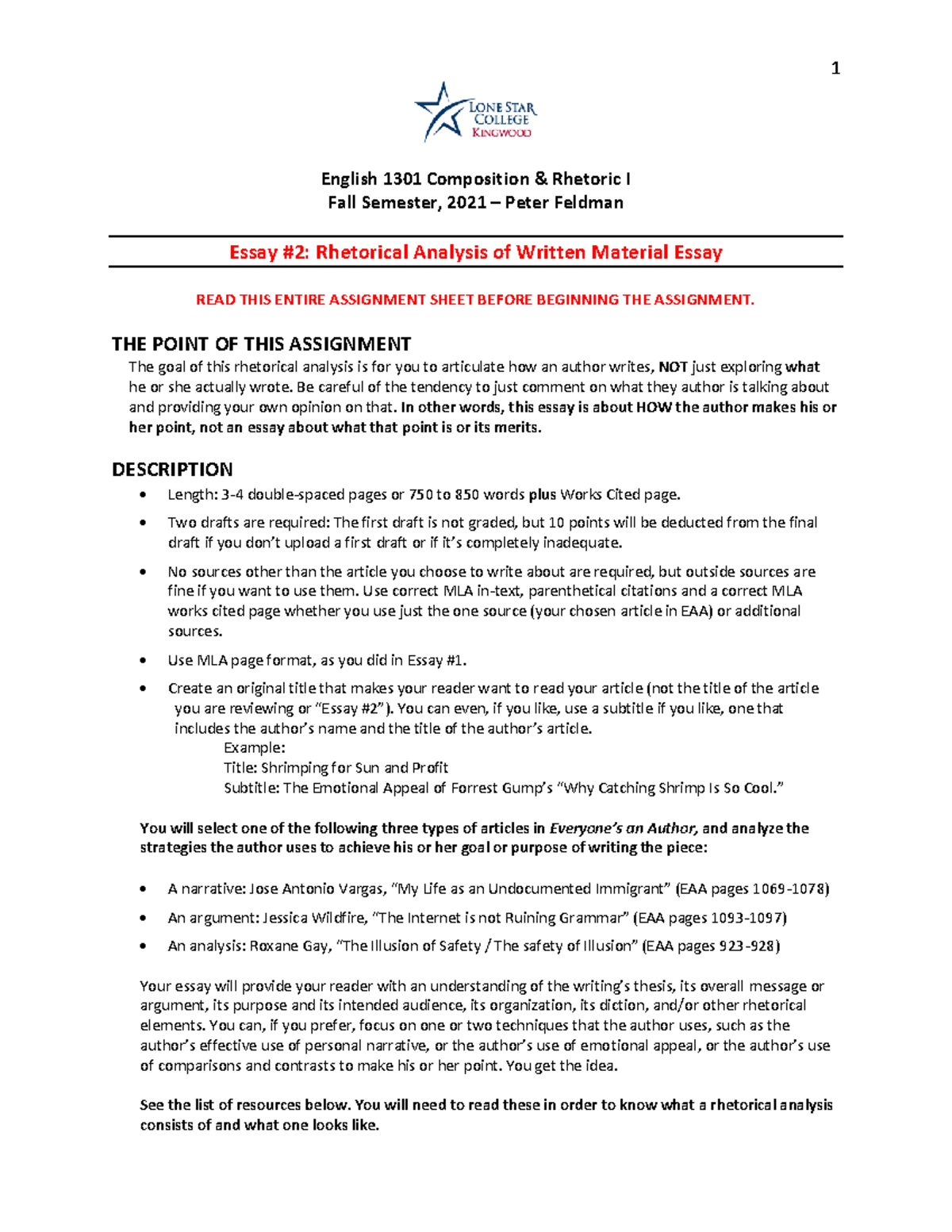 Assignment Sheet - Essay 2 - Rhetorical Analysis - 1 English 1301 ...