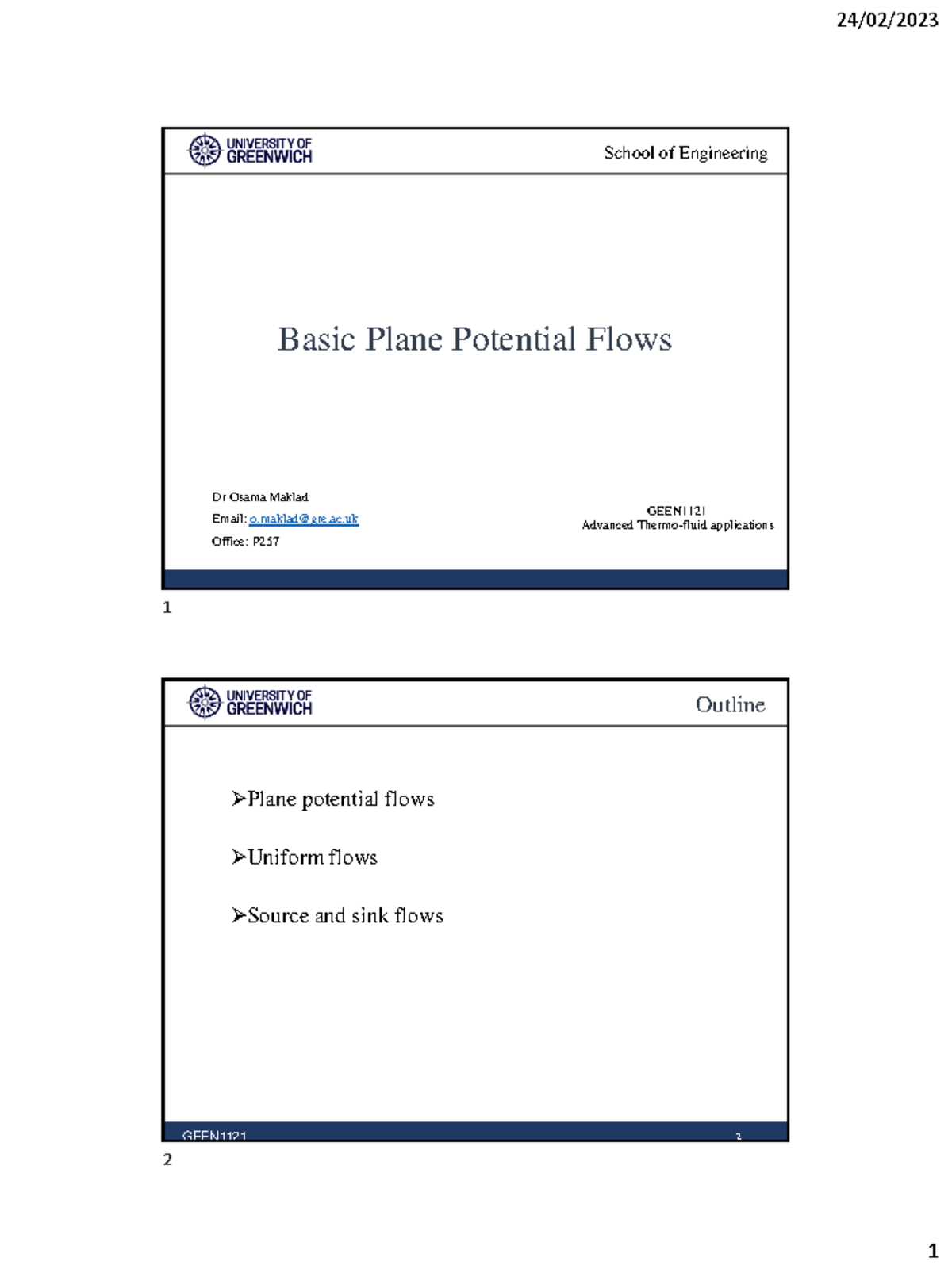 Basic Plane Potential Flows - ac Office: P School of Engineering GEEN ...