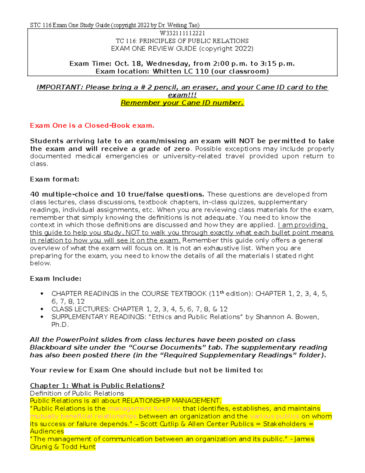 Study Guide 1 for PR - W TC 116: PRINCIPLES OF PUBLIC RELATIONS EXAM ...