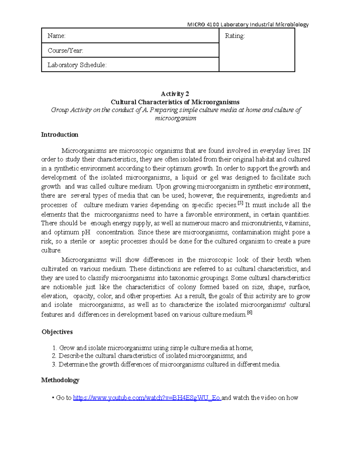 Activity 2 - Cultural Characteristics of Microorganisms - MICRO 4100 ...