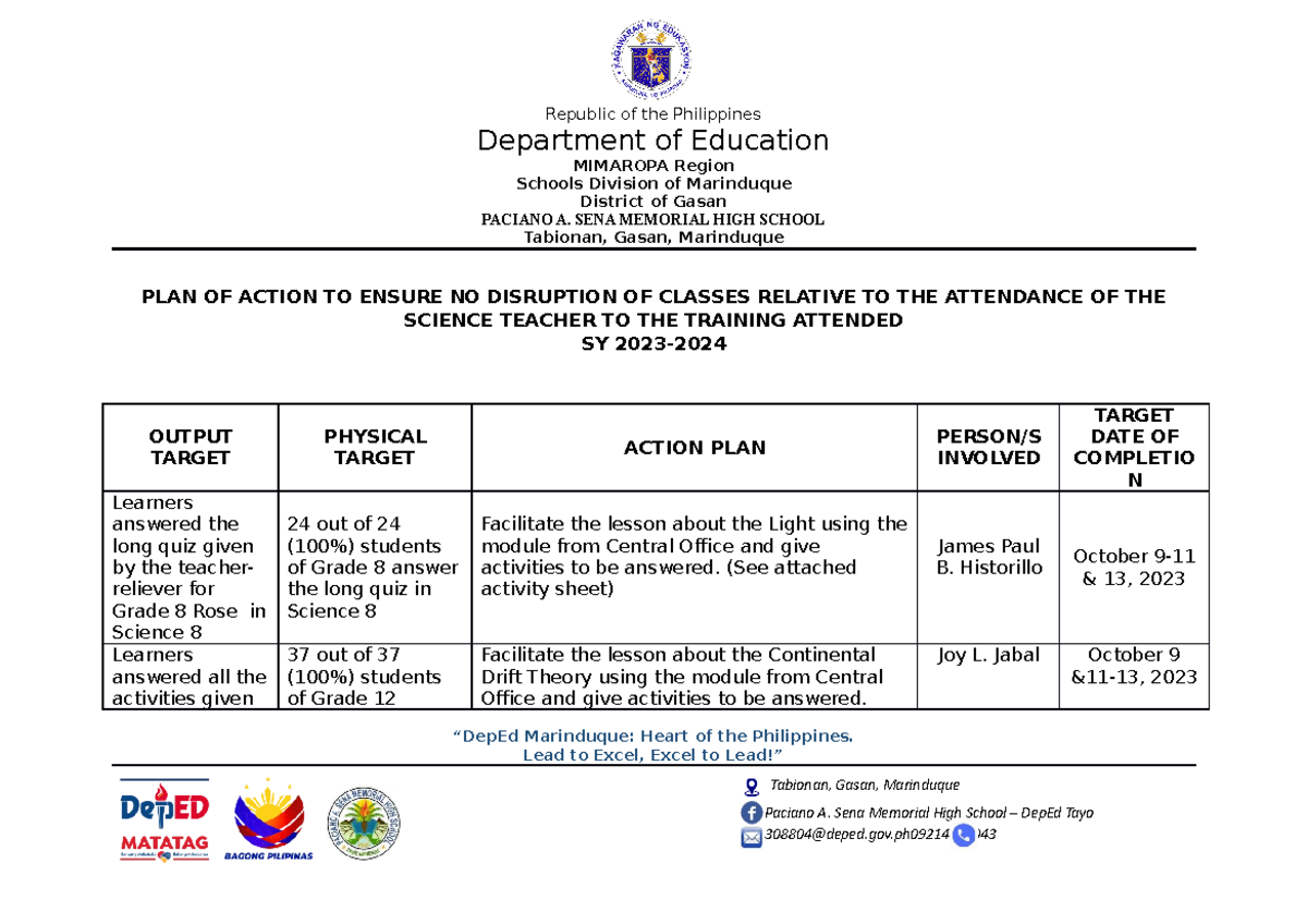 Action-PLAN- Janice-Solis-October-9-13-2023 - Paciano A. Sena Memorial ...