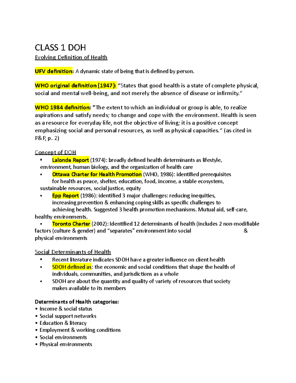 N101 Midterm - Lecture notes 1-7 - CLASS 1 DOH Evolving Definition of ...
