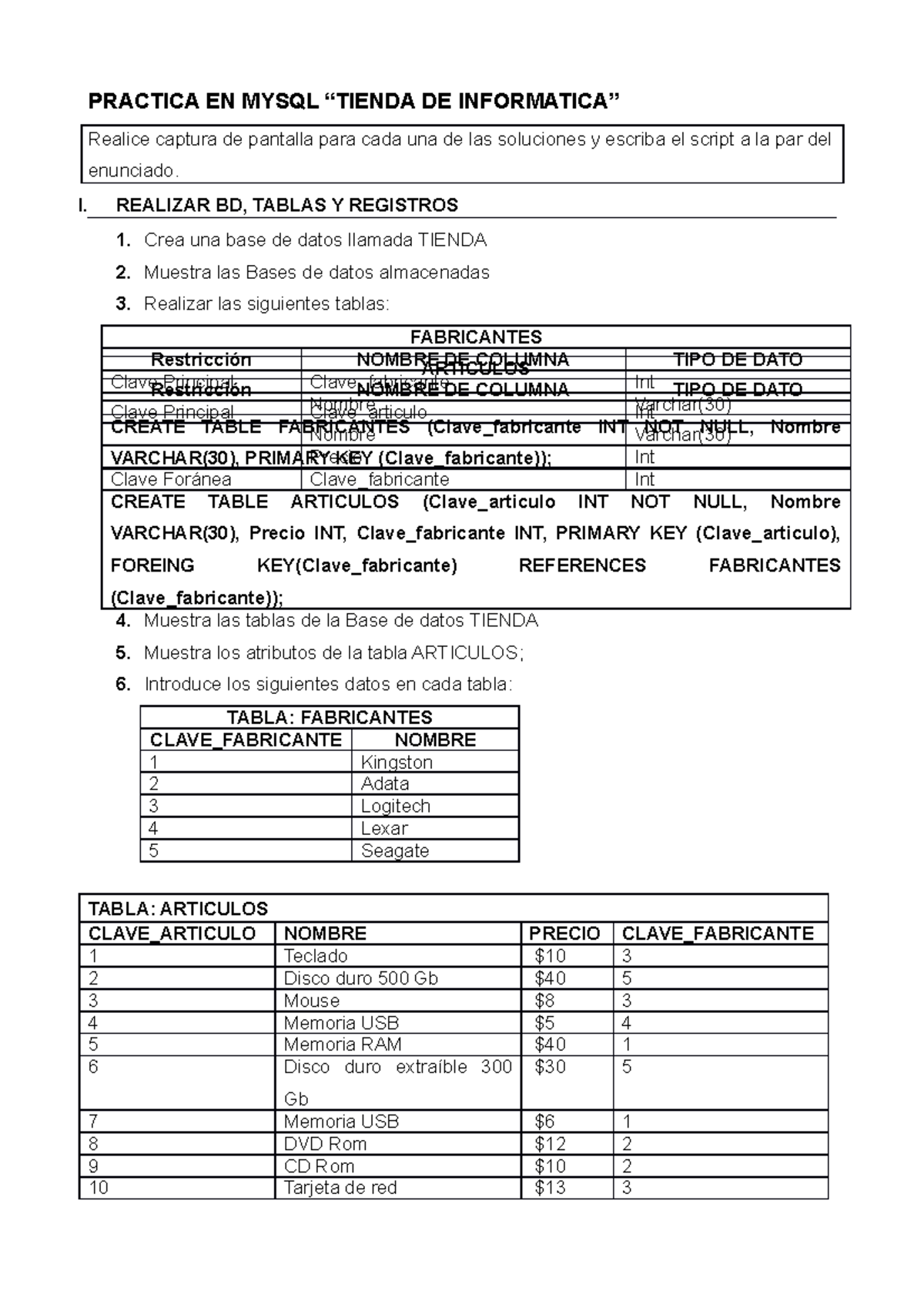 Clase practica Mysql Consultas 2017 - PRACTICA EN MYSQL “TIENDA DE ...